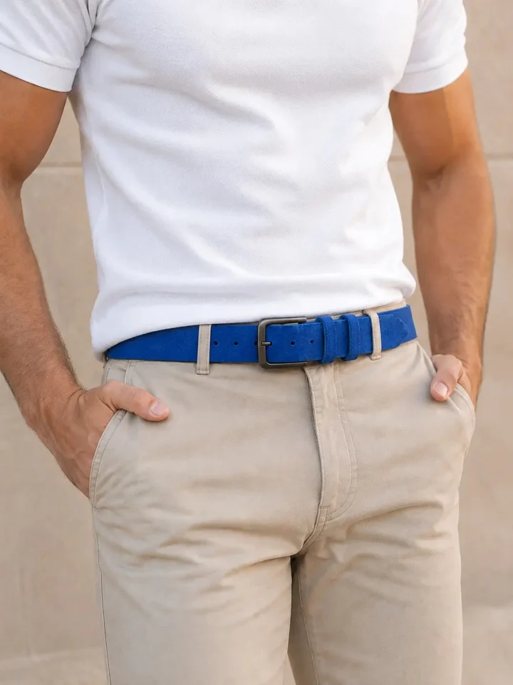 Svetlo plavi muški kaiš od prevrnute kože za pantalone i farmerice