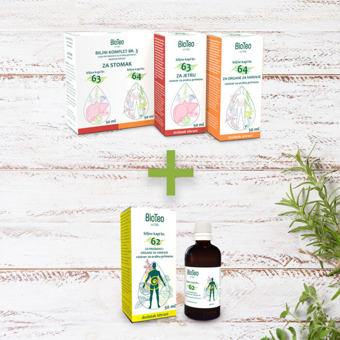 Specijalna ponuda: Biljni komplet br. 3 za stomak + biljne kapi br. 62 – 3x50ml