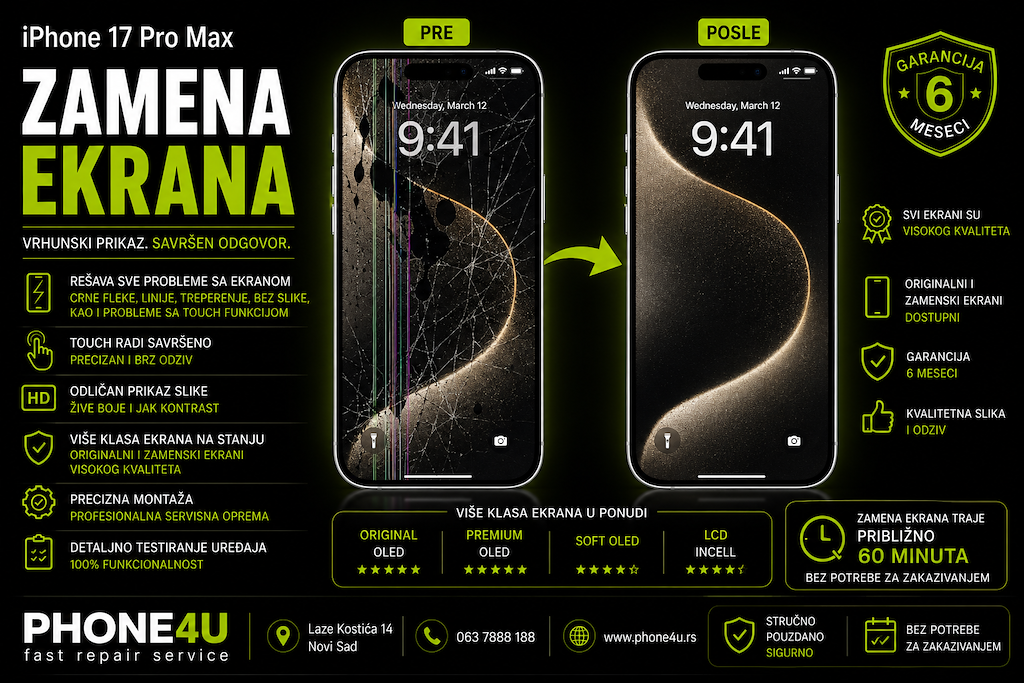Zamena ekrana iPhone 17 Pro Max | Phone4U Novi Sad