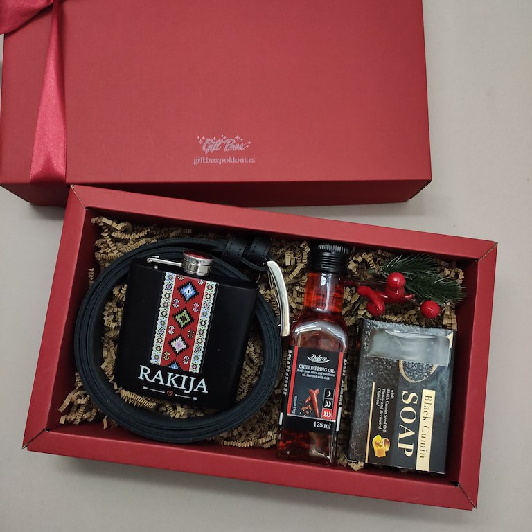 Poklon sa kožnim kaišem i pljoskom – Crveni premium box 00174-1