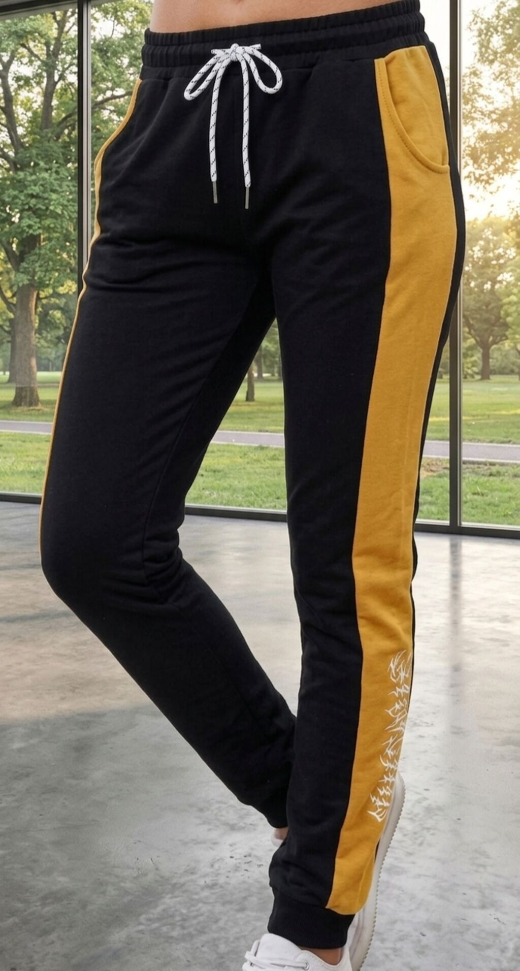 Ženske trenerke pantalone – crne sa žutim bočnim panelima - Dizajn