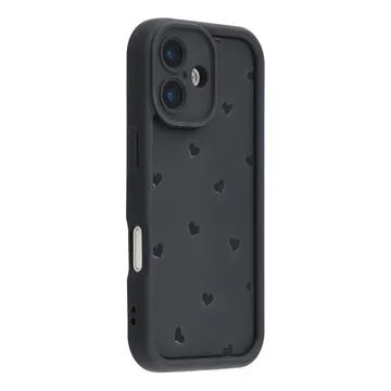IPHONE 16 PLUS HEART PATTERN SHOCKPROOF TPU CASE WITH RAISED EDGES - BLACK