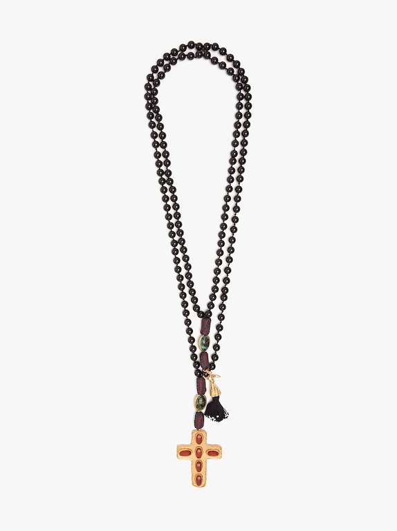 MULTI-WRAP NECKLACE WITH CROSS PENDANT AND TASSEL