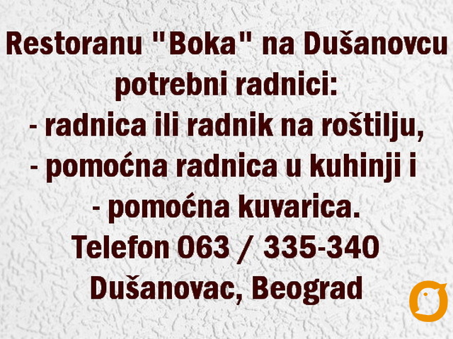 Restoranu Boka na Dušanovcu potrebni radnici