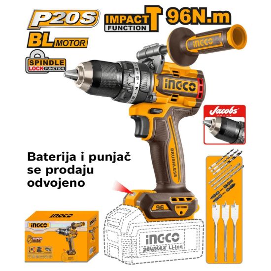 Akumulatorska vibraciona bušilica/odvrtač 96Nm Solo; bez baterije i punjača Super INGCO CIDLI209685