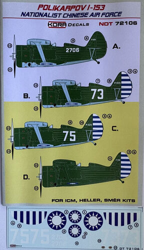 NEW! Kora Models NDT72106 Polikarpov I-153 - Nationalist Chinese Air Force (for ICM / Heller and Smer Kits)