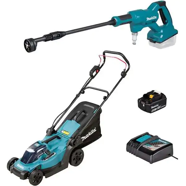 Makita DLX2583T 18V akumulatorski set – kosačica DLM330 + perač pod pritiskom DHW180 sa baterijom 5,0 Ah i punjačem
