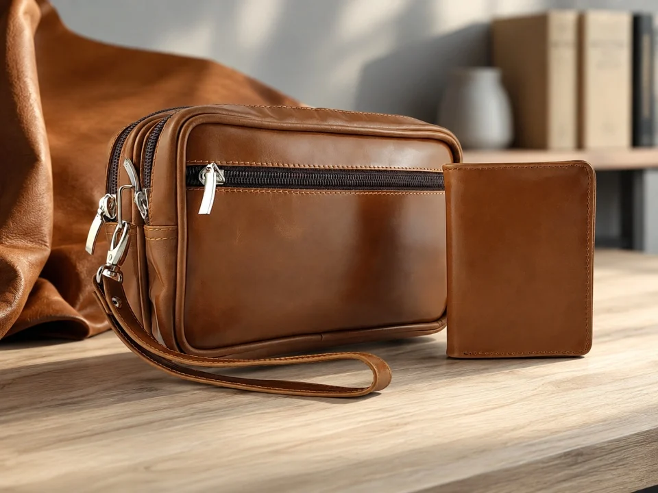 Muški kožni set – Ručna torba Superior i minimalistički novčanik svetlo braon