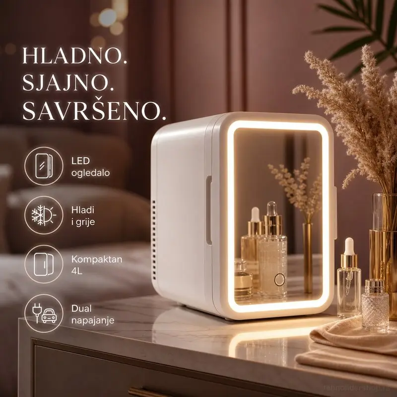 Mini frižider 4L sa ogledalom, LED svetlom i 12V/220V napajanjem