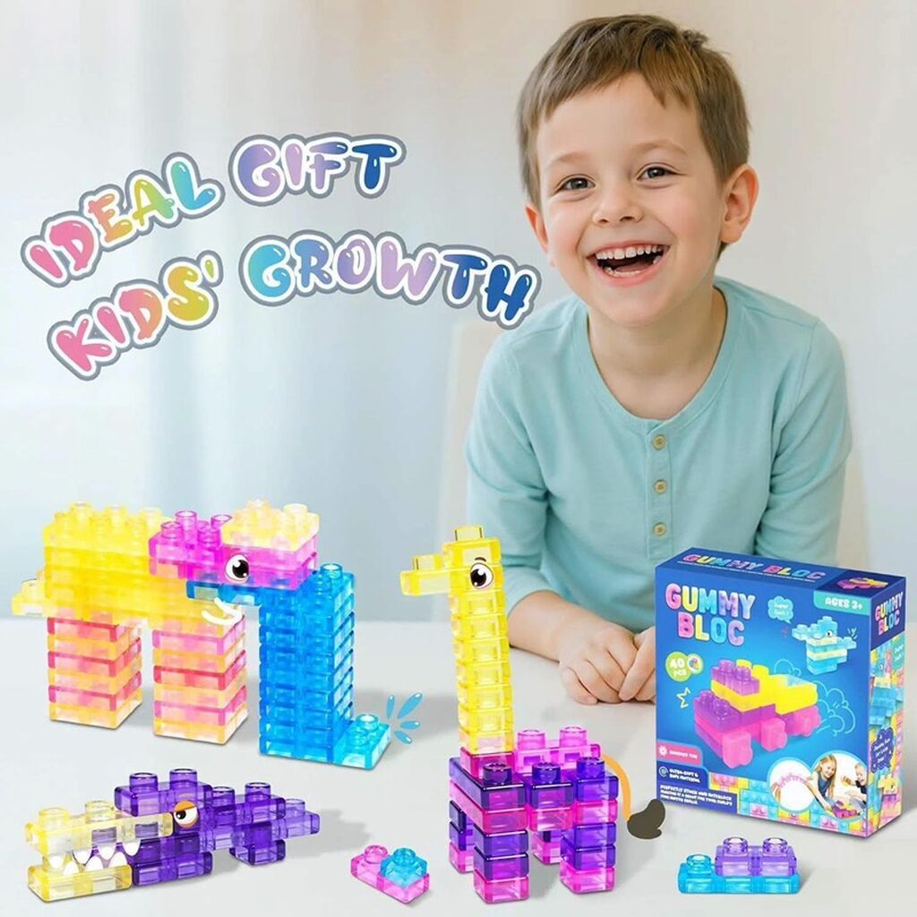 Magic Gummy Bloc sadrži 40 mekanih, prozirnih kockica u boji koje se
