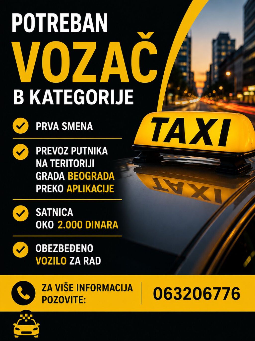 Potreban vozač B kategorije. Kontakt: 063/206-776