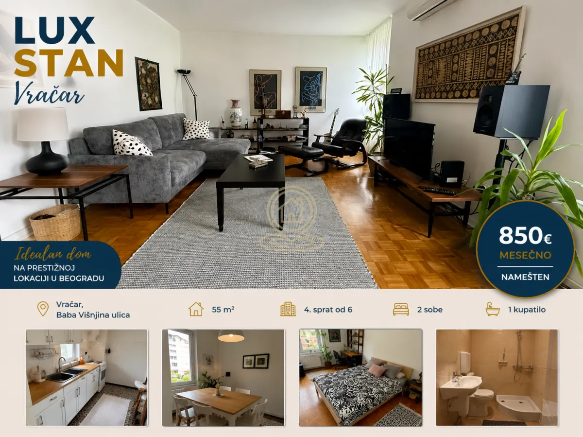 Izdavanje, dvosoban stan, 55m², Vračar Sve Podlokacije, Beograd