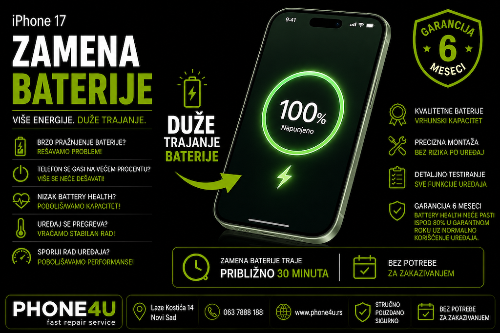 Zamena baterije iPhone 17 | Phone4U Novi Sad