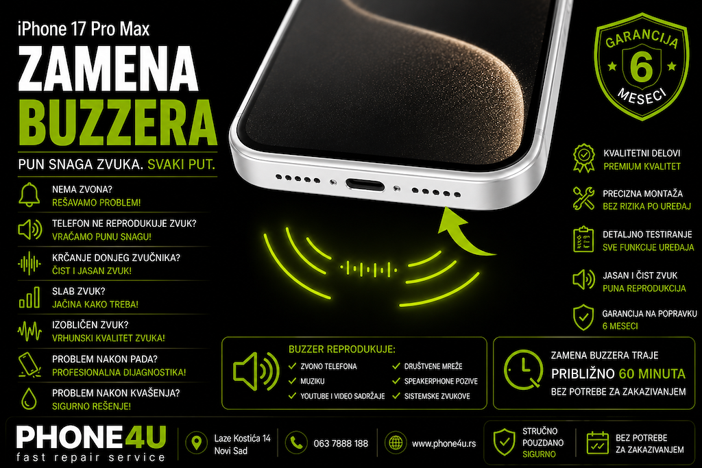 Zamena buzzera iPhone 17 Pro Max | Phone4U Novi Sad