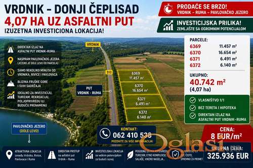 VRDNIK – 4,07 ha uz asfaltni put Vrdnik–Ruma | Investiciona lokacija | Blizina Pavlovačkog jezera