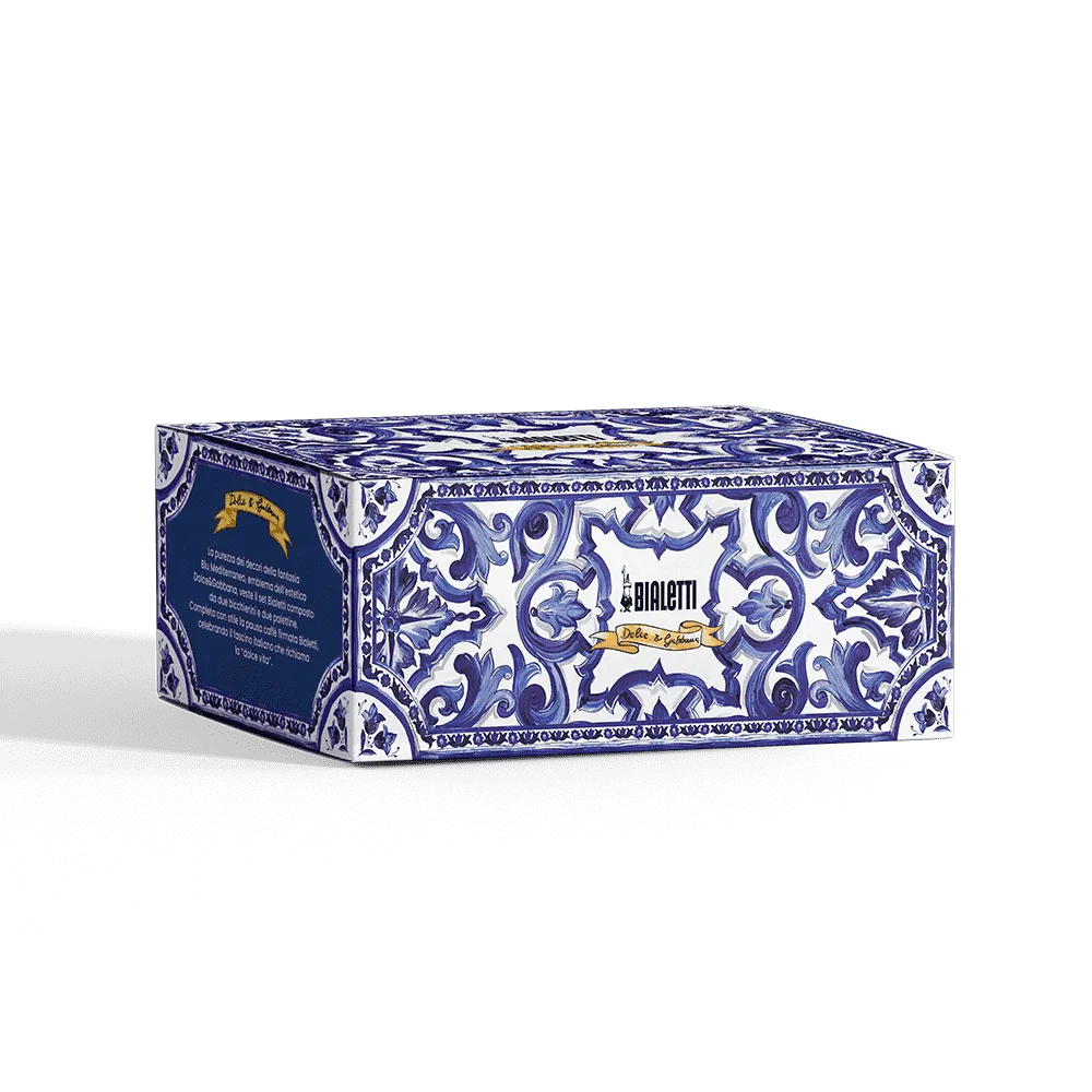Bialetti and Dolce & Gabbana Mediterranean Blue – Set 2 porcelain cups and 2 golden stirrers