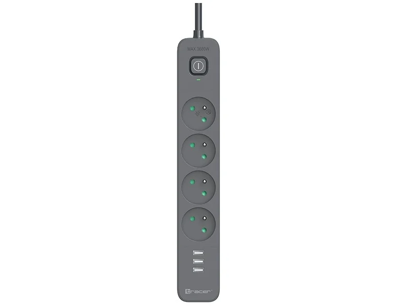 TRACER Produzni kabl 5m 4 uticnice sa 3 USB porta sa prenaponskom zastitom i prekidacem grafit TRALIS47685