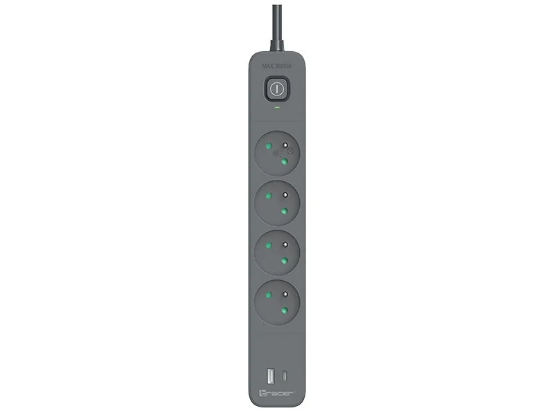 TRACER Produzni kabl 1.5m 4 uticnice sa USB I Type-C konektorom PD 20W sa prenaponskom zastitom i prekidacem grafit TRALIS47026