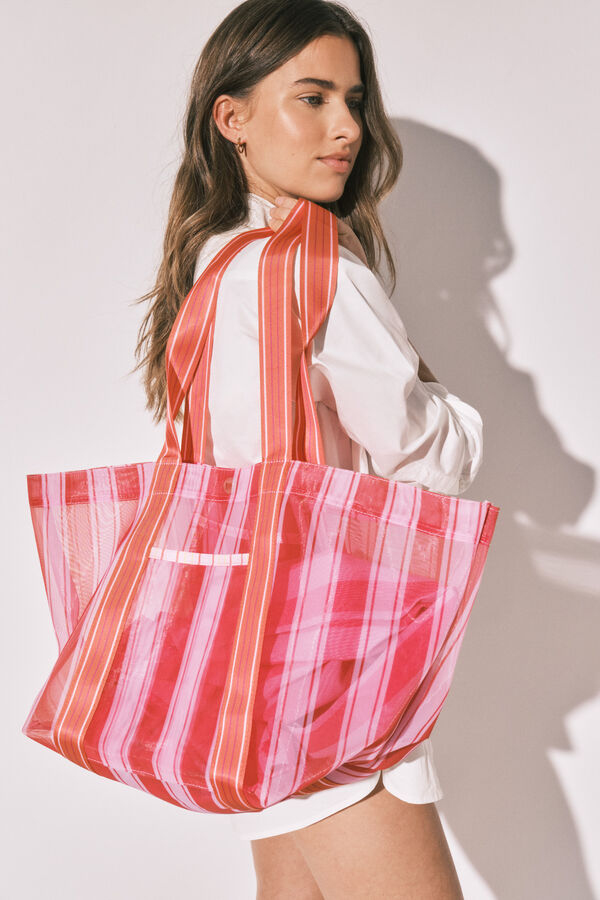 Große Mesh-Tasche mit rosa und orangefarbenen Streifen