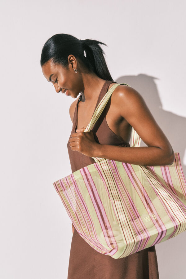 Große gestreifte Mesh-Tasche in Grün und Rosa