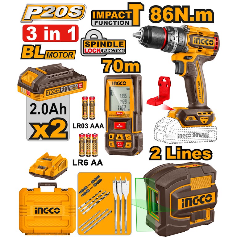 NETO COSLI251001E AKU SET (AKU BUŠ+LASER+DALJINOMER) SUPER INGCO