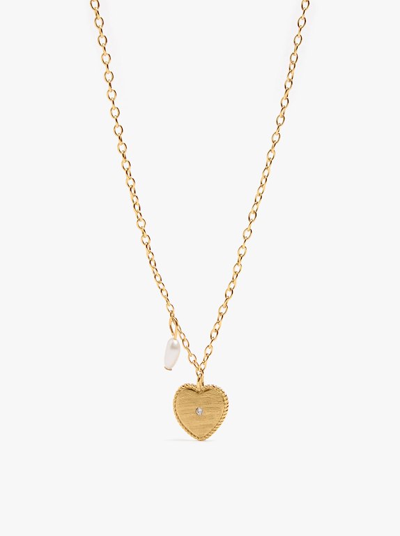 HEART NECKLACE WITH ZIRCONIA AND PEARL 18K GOLD PLATED - 925 STERLING SILVER