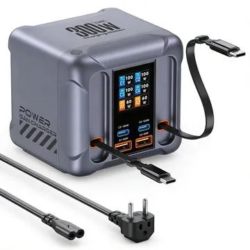 HW866 300W GAN DESKTOP CHARGING STATION WITH LCD DISPLAY AND 2 RETRACTABLE USB-C CABLES