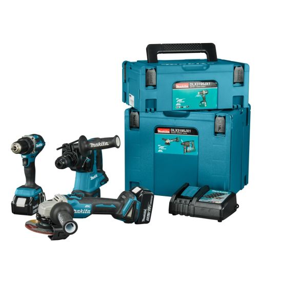 Akumulatorski set elektro-pneumatski čekić + brusilica + bušilica odvijač Makita DLX3195JX1; 18V; 2 x 5,0Ah