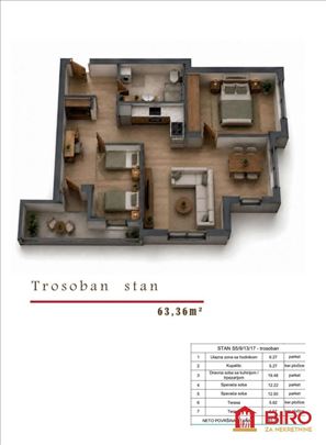 Nov trosoban stan Zvezdara 63 m2