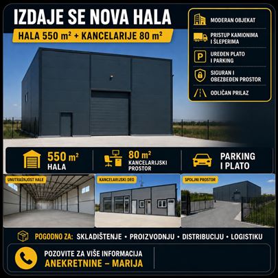 NOVA hala za izdavanje 550 m2 + 80 m2 kancelarija