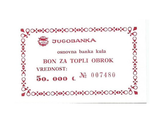 Bon za topli obrok JUGOBANKA Osnovna Banka Kula