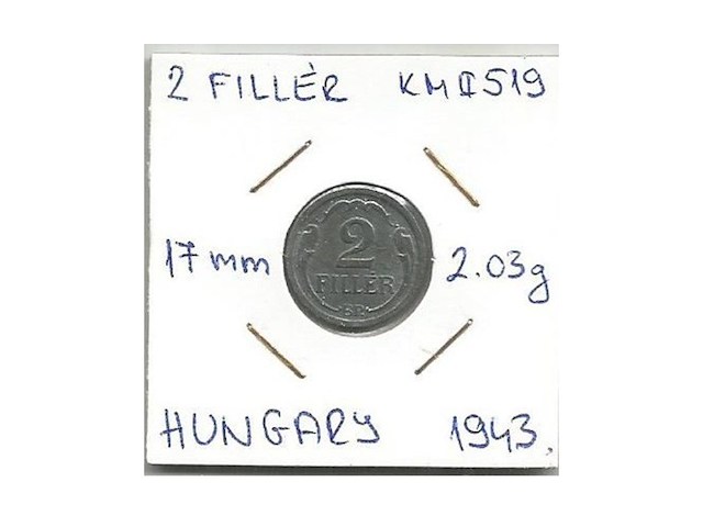 g8 Madjarska 2 filler 1943. KM#519