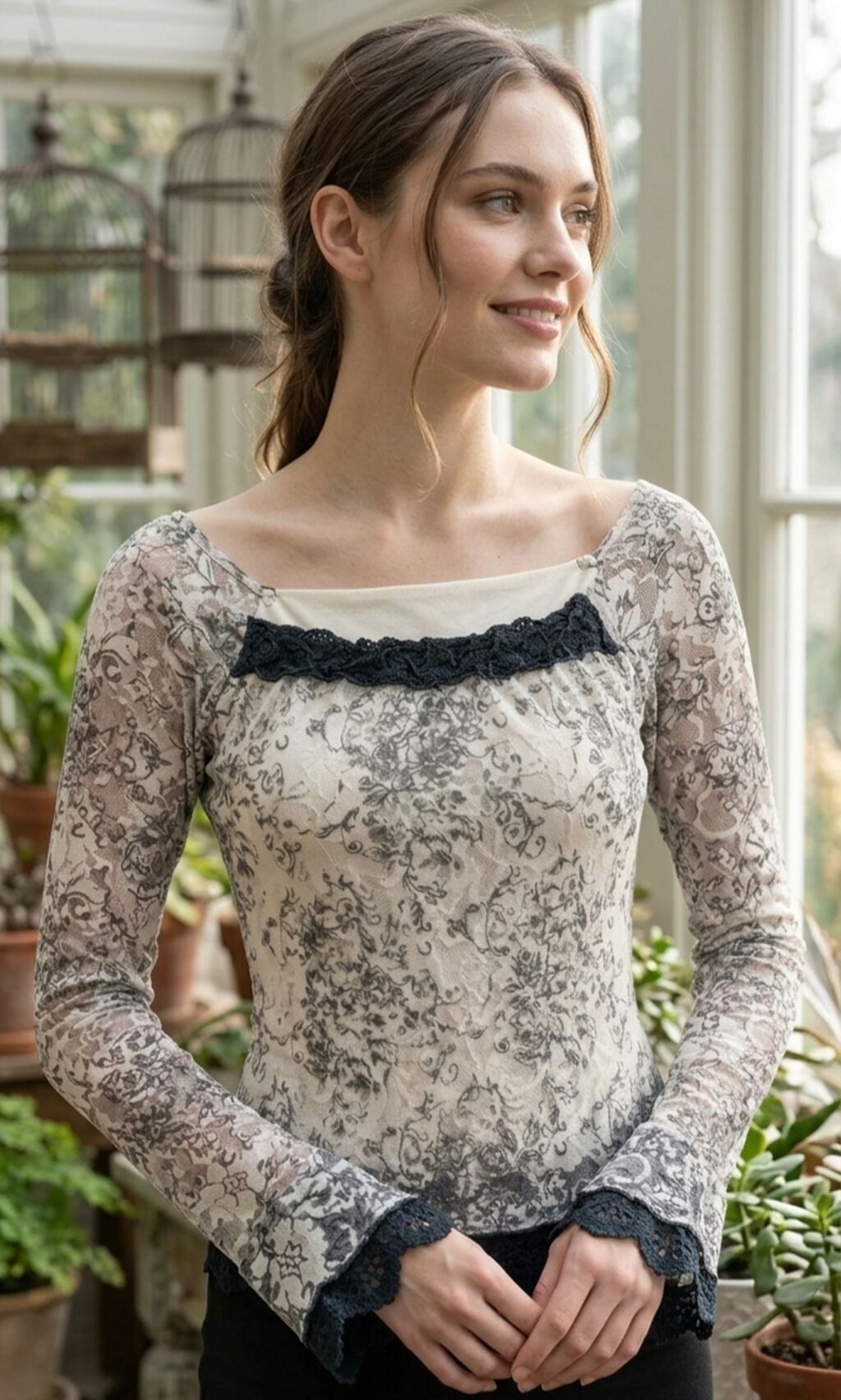 Romantična ženska bluza sa dugim rukavima i vintage floralnim printom
