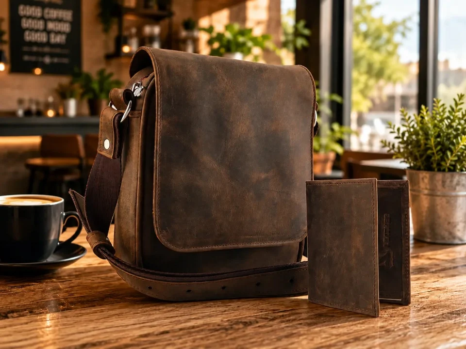 Muški kožni set – Torba Leather braon brušena i mali novčanik brušeni