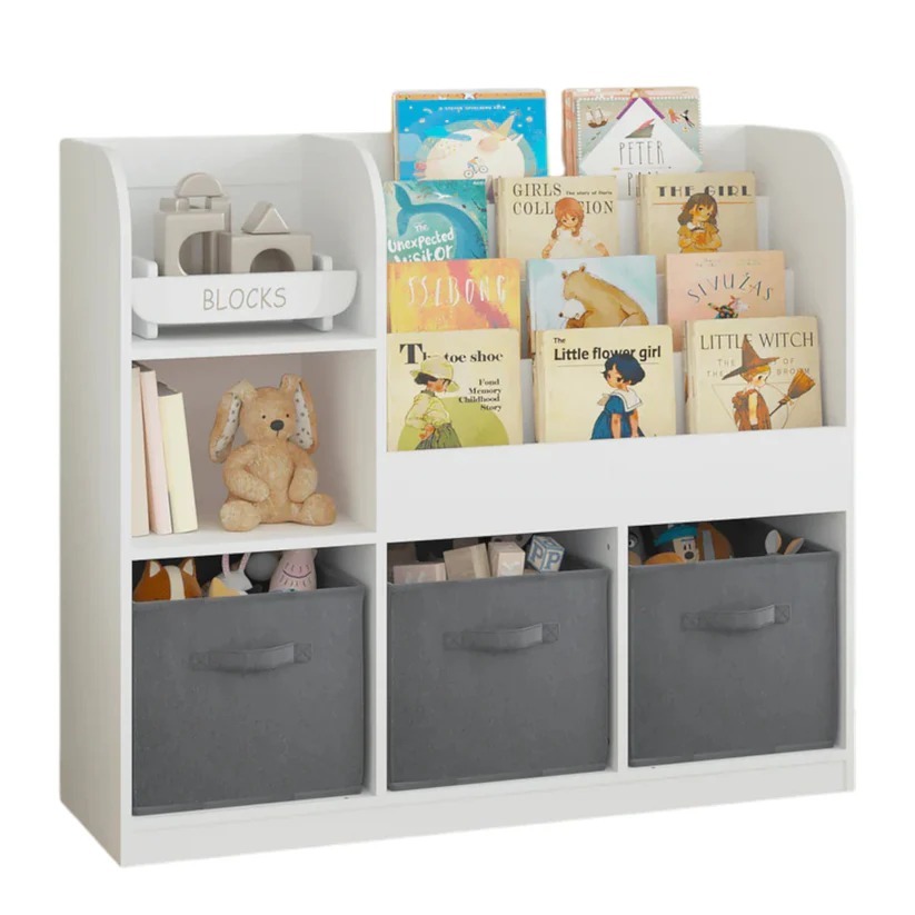 KINDER HOME Dečiji organizator, polica za knjige sa policama za igračke i knjige, 3 tekstilne kutije, drveni, beli, 92x30x80 cm, MontesoriID: EK000828555
