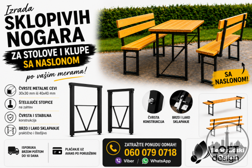 Sklopivi nogari za stolove i klupe, i sa naslonom