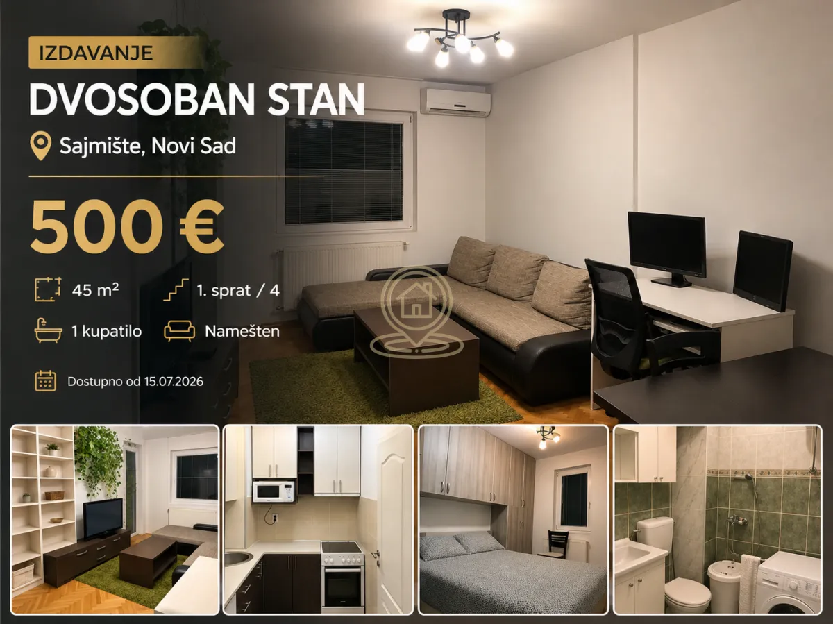 Izdavanje, dvosoban stan, 45m², Sajmište, Novi Sad
