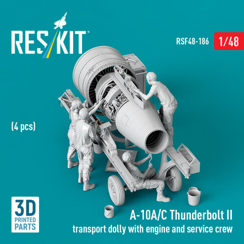 NEW! RES/KIT F48-0186 Fairchild A-10 A/C Thunderbolt II - Transport Dolly with Engine and Service Crew / 4 Figures (3D-Printed)
