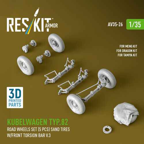 NEW! RES/KIT AV35-0026 Kubelwagen Typ 82 - 3D-Printed Road Wheels Set (5 pcs) with Sand Tires and Front Torsion Bar Volume 3 (for Meng / Dragon and Tamiya Kits)