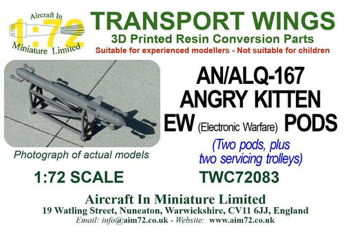 NEW! Aircraft In Miniature Ltd TWC72083 AN/ALQ-167 Angry Kitten EW Pods (3D-Printed / 2 PODs + 2 Trolleys)