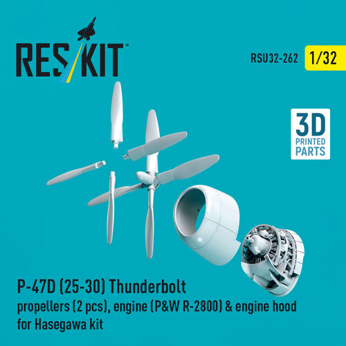 NEW! RES/KIT U32-0262 Republic P-47D (25-30) Thunderbolt - Propellers (2 pcs), Engine (P&w R-2800) & Engine Hood (for Hasegawa Kits / 3D-Printed)
