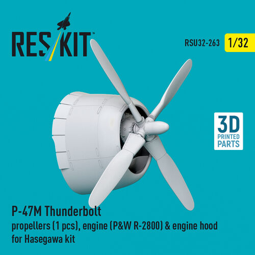 NEW! RES/KIT U32-0263 Republic P-47 M Thunderbolt - Propeller (1 piece), Engine (P&w R-2800) & Engine Hood (for Hasegawa Kits / 3D-Printed)