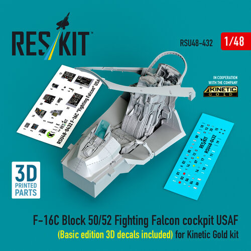 NEW! RES/KIT U48-0432 Lockheed Martin F-16 C Block 50/52 Fighting Falcon - Cockpit USAF / Basic Edition 3D Decals Included (for Kinetic Gold Kits / 3D-Printed)