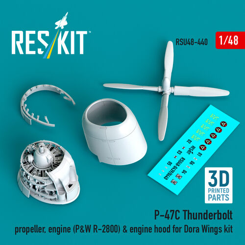 NEW! RES/KIT U48-0440 Republic P-47 C Thunderbolt - Propeller, Engine (P&W R-2800) & Engine Hood (for Dora Wings Kits / 3D-Printed)