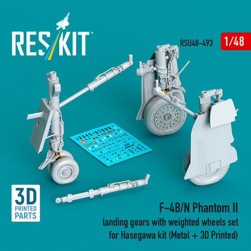 NEW! RES/KIT U48-0493 McDonnell Dougla F-4 B/N Phantom II - Landing Gear with Weighted Wheels Set (for Hasegawa Kits / Metal + 3D Printed)