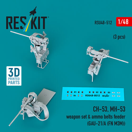 NEW! RES/KIT U48-0512 Sikorsky CH-53 and MH-53 - Weapon Set & Ammo Belts Feeder (GAU-21/A (FN M3M) (3 pcs / 3D-Printed) (1/48)