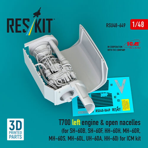 NEW! RES/KIT U48-0649 Sikorsky SH-60B / SH-60F / HH-60H / MH-60R / MH-60S / MH-60L / UH-60A and HH-60 - T700 Left Engine & Open Nacelles (for ICM Kits / 3D-Printed)