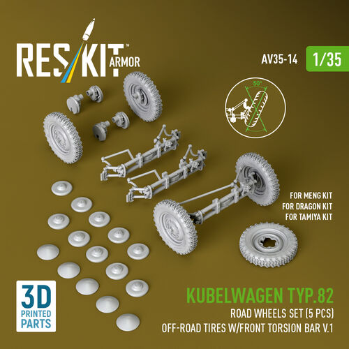 NEW! RES/KIT AV35-0014 Kubelwagen Typ 82 - 3D-Printed Road Wheels Set with Off-Road Tires (5 pcs / for Meng / Dragon and Tamiya Kits)
