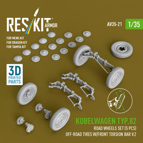 NEW! RES/KIT AV35-0021 Kubelwagen Typ 82 - 3D-Printed Road Wheels Set (5 pcs) with Off-Road Tires and Front Torsion Bar Volume 2 (for Meng / Dragon and Tamiya Kits)