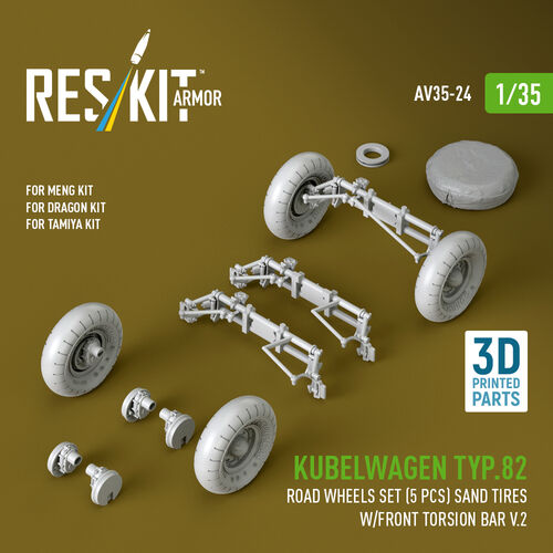 NEW! RES/KIT AV35-0024 Kubelwagen Typ 82 - 3D-Printed Road Wheels Set (5 pcs) with Sand Tires and Front Torsion Bar Volume 2 (for Meng / Dragon and Tamiya Kits)